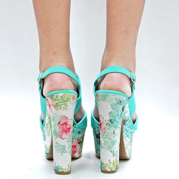 Shoes | New Sea Green Floral Platform Chunky Heel Sandals | Poshmark